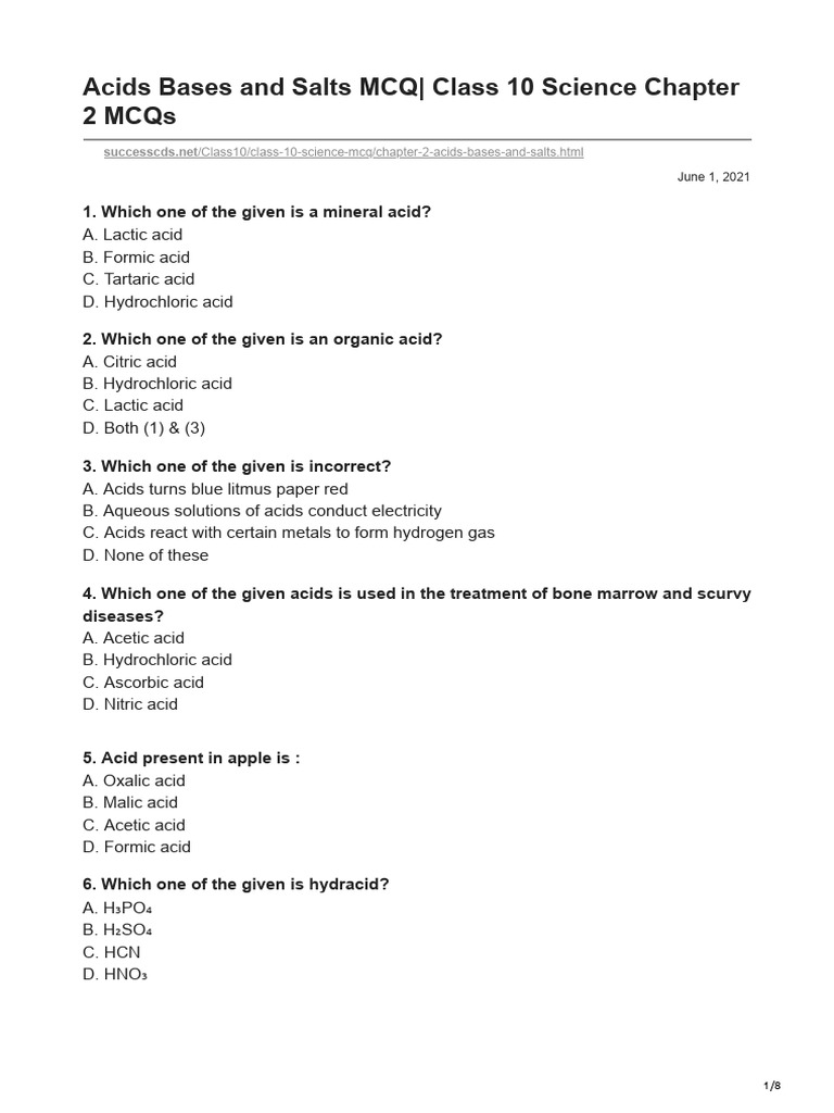 Acids Bases and Salts MCQ Class 10 Science Chapter 2 MCQs | PDF | Acid | Hydroxide