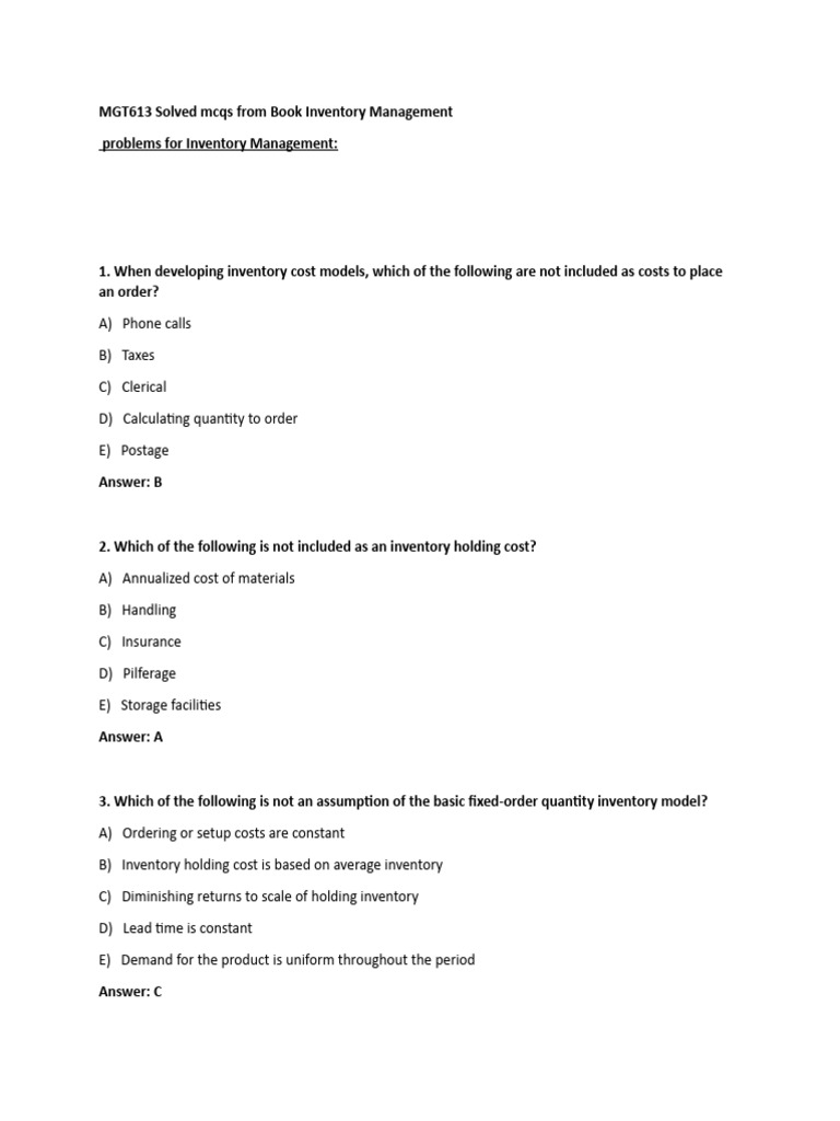 MGT613 Solved Mcqs From Book Inventory Management FINalssssssss | PDF | Forecasting | Supply Chain