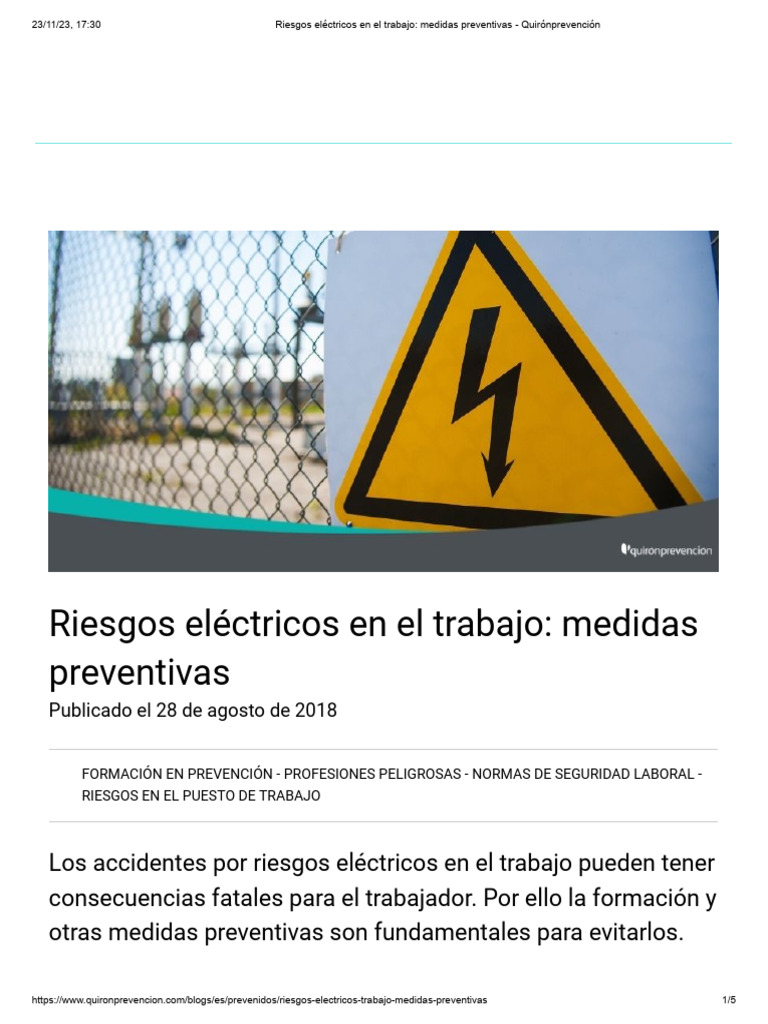 Riesgos Eléctricos en El Trabajo - Medidas Preventivas - Quirónprevención | Descargar gratis PDF ...