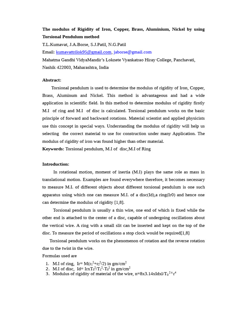 Modulus of Rigidity in Metals via Torsion | PDF | Pendulum | Stiffness