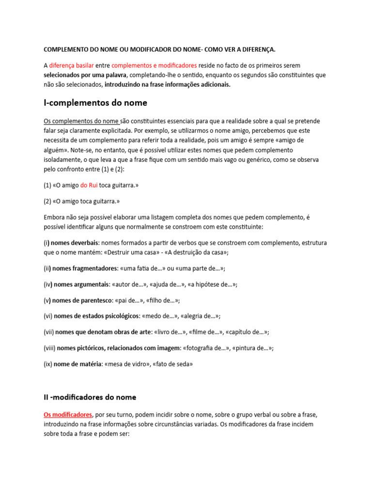 Complemento Nome Ou Modificador | PDF | Idiomas | Estudos de Línguas Estrangeiras