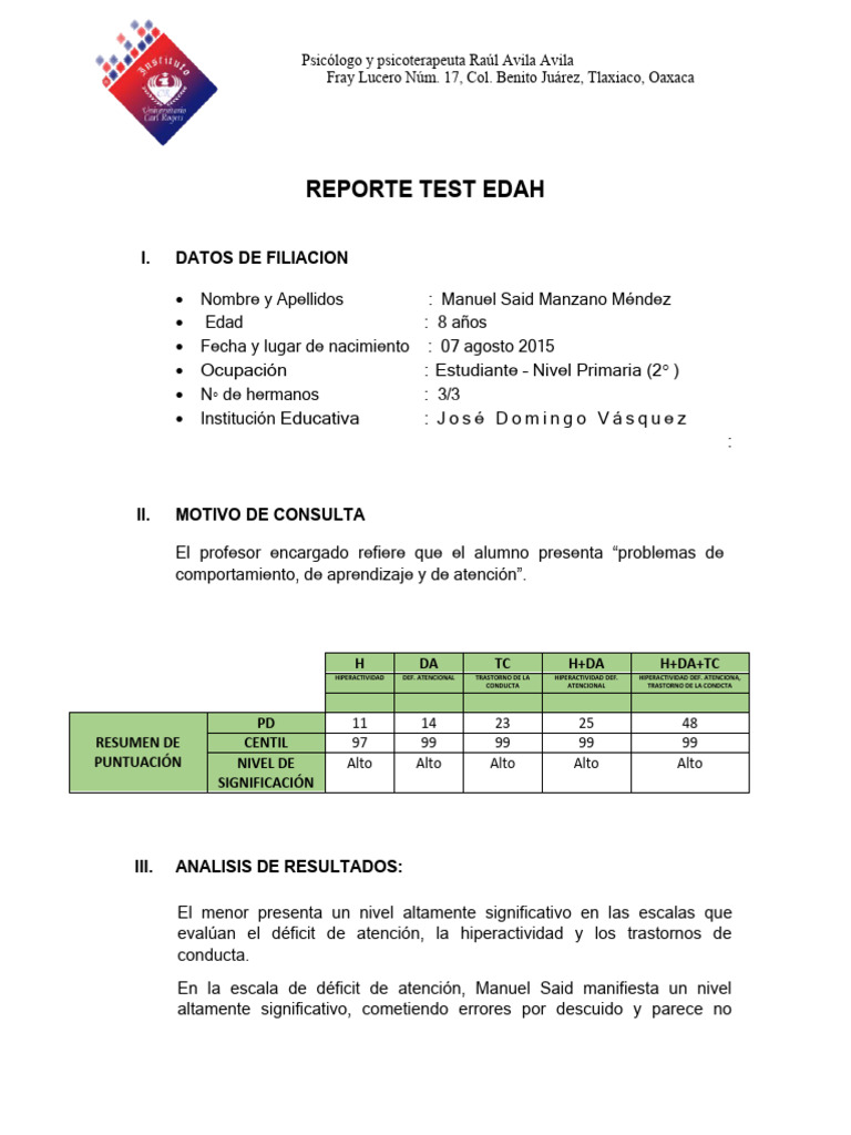 reporte TEST EDAH | PDF | Desorden hiperactivo y deficit de atencion ...