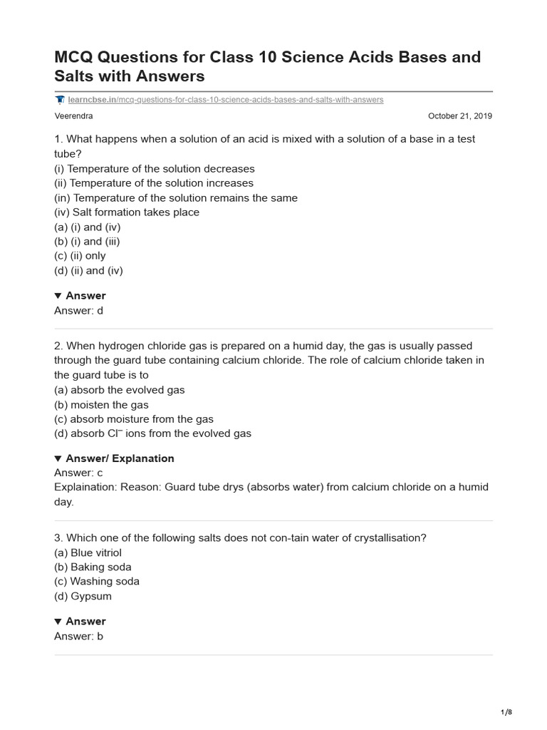 Class 10 MCQs on Acids, Bases, Salts | PDF | Salt (Chemistry) | Chloride
