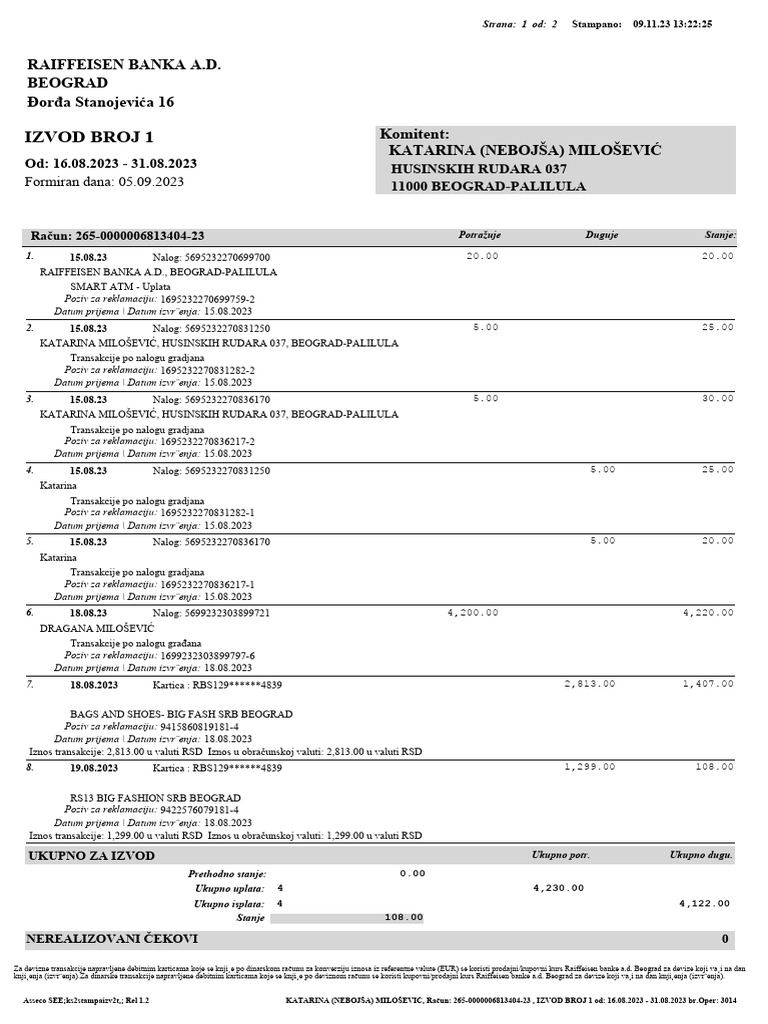 Izvod Broj 1: Raiffeisen Banka A.D. Beograd Đorđa Stanojevića 16 | PDF