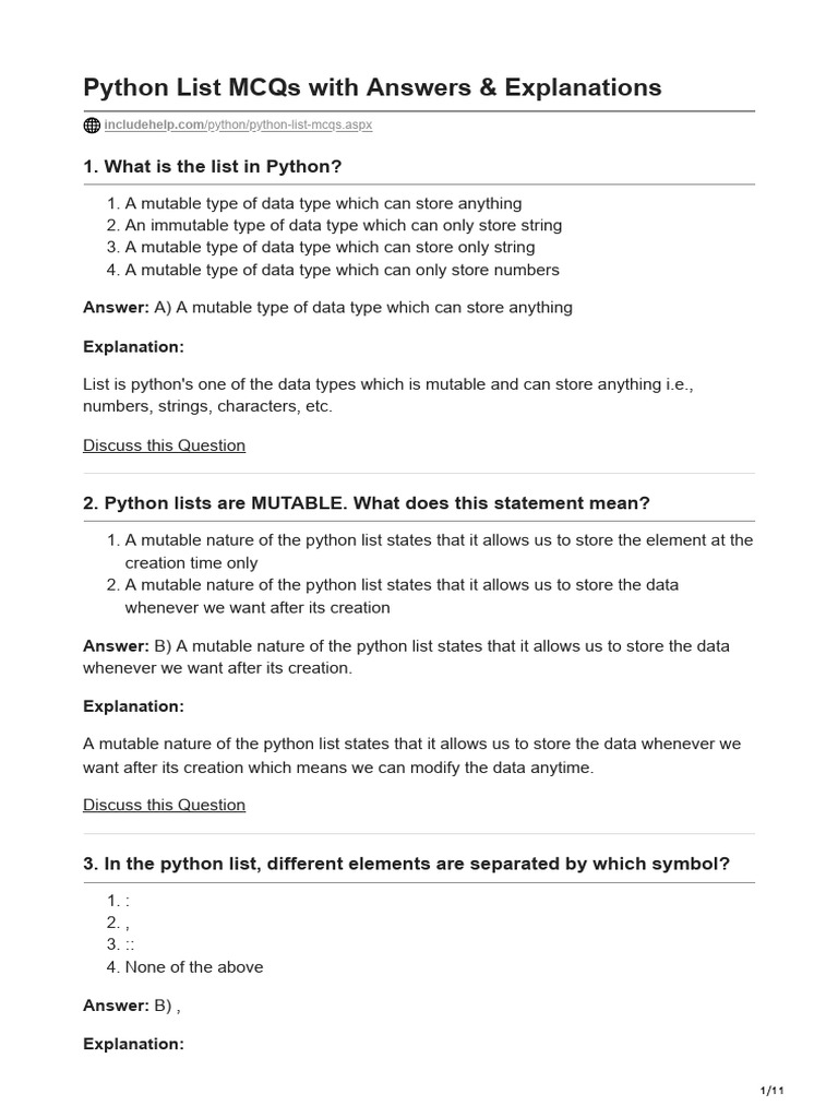 Python List MCQs With Answers Amp Explanations | PDF | Bracket | Notation