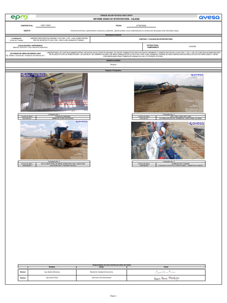 Informe Diario de Interventoría - Calidad | PDF