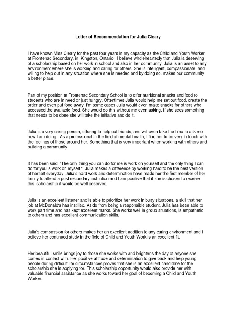 Letter of Recommendation For Julia Cleary | PDF | Behavioural Sciences ...