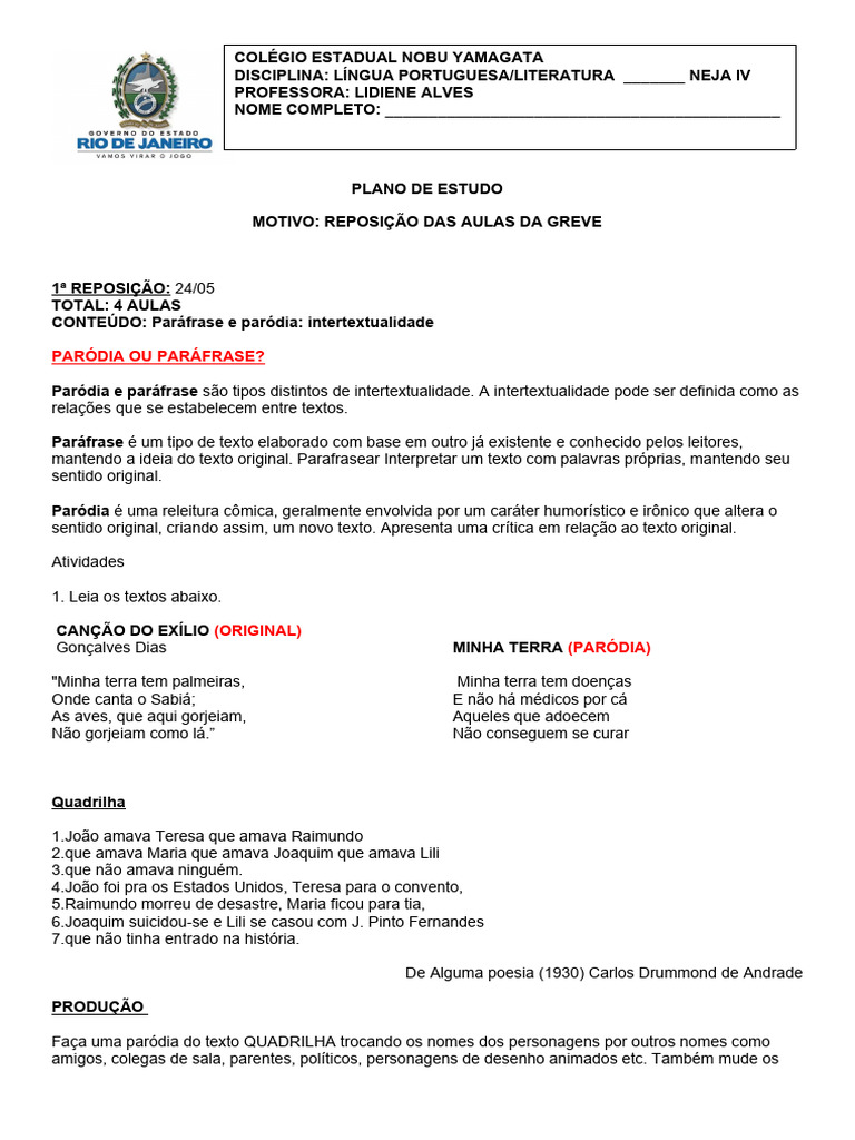 Plano de Estudo Neja Iv - Lidiene | PDF | Assunto (gramática) | Modernismo