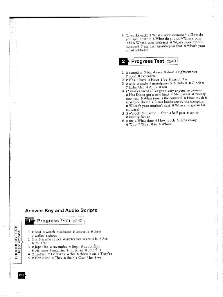 A1.1 Tests 1 and 2 Answer Key | PDF