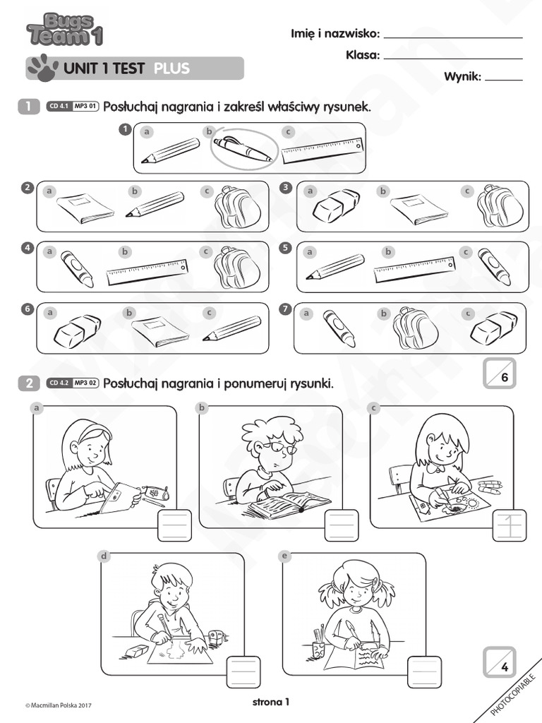 Klasa 1 przykładowy arkusz pracy klasowej 1 | PDF