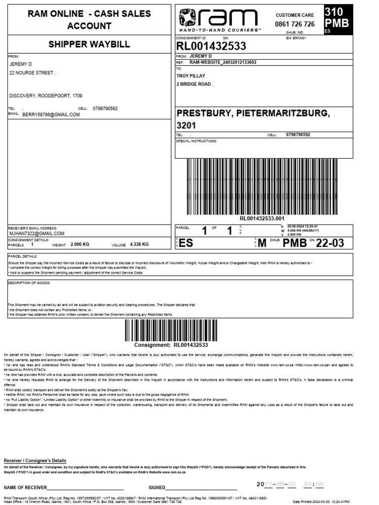 ConsignmentID RL001432533 | PDF | Indemnity | Insurance