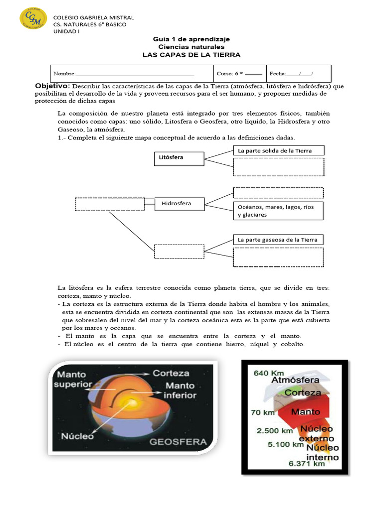 Capas de la Tierra: Guía para 6° Básico | PDF | Tierra | Corteza (Geología)