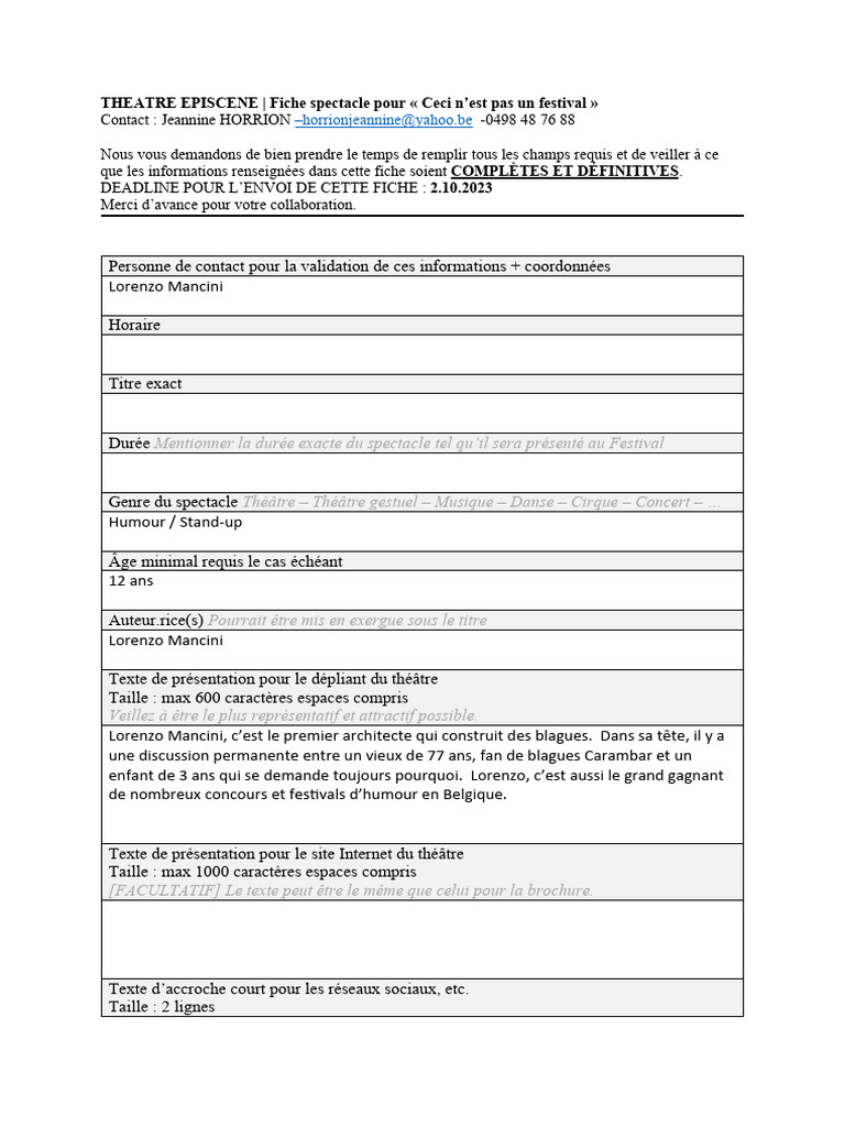 Episcène Fiche de Renseignements Cies-2 | PDF | Théâtre