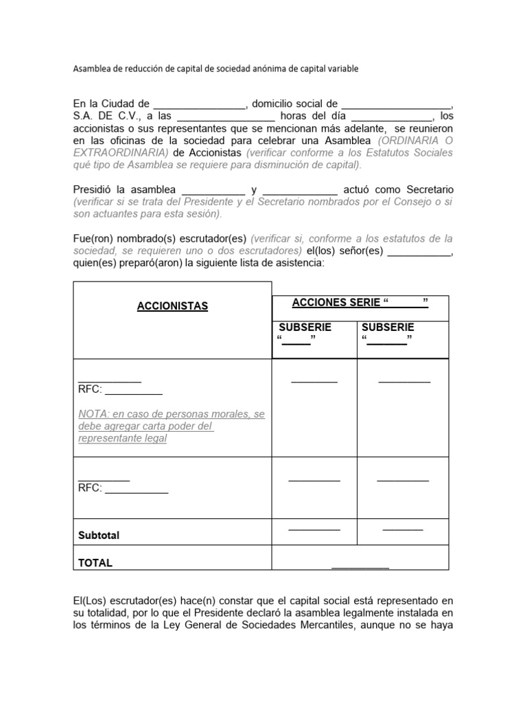 Asamblea de Reducciâ N de Capital de Sociedad Anâ Nima de Capital Variable | PDF | Gobierno
