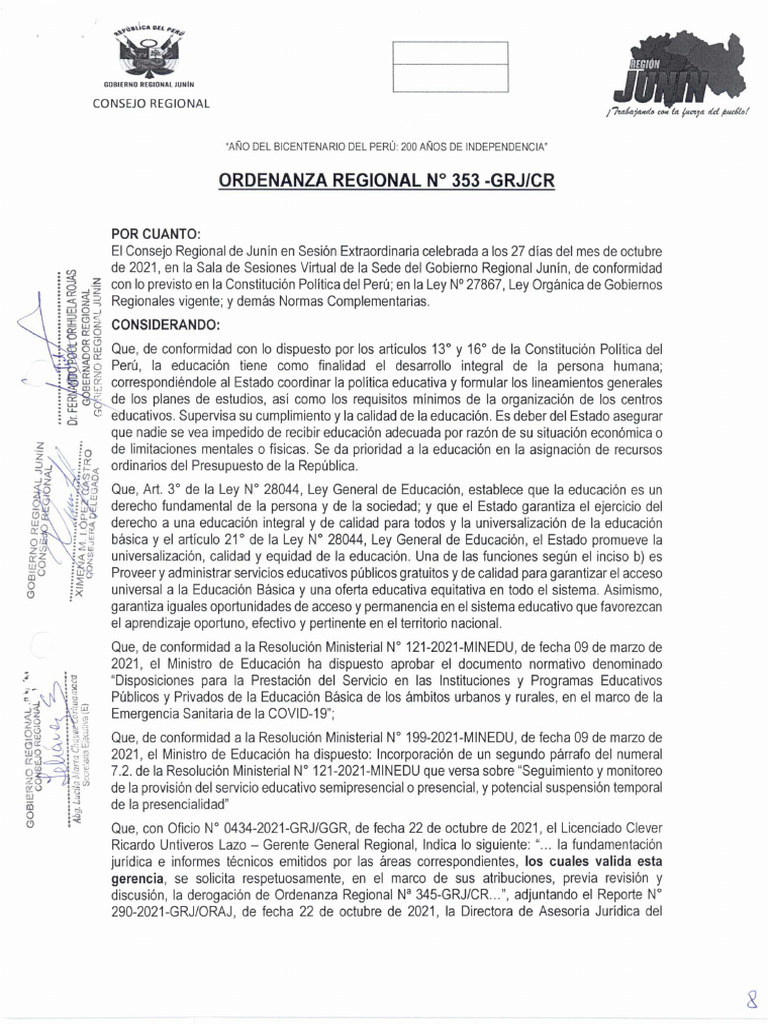 Ordenanza Regional N 353-GRJ CR | PDF | Perú | Ministerio (Departamento de Gobierno)