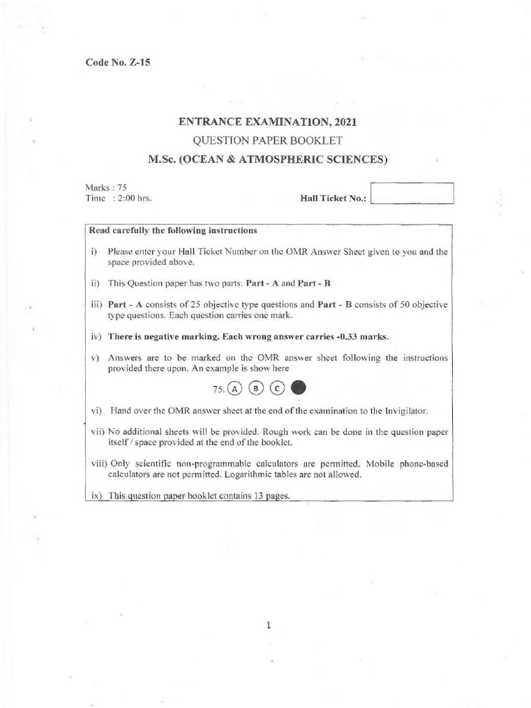 M Sc Ocean And Atmospheric Sciences 2021 Pdf Gases Electron