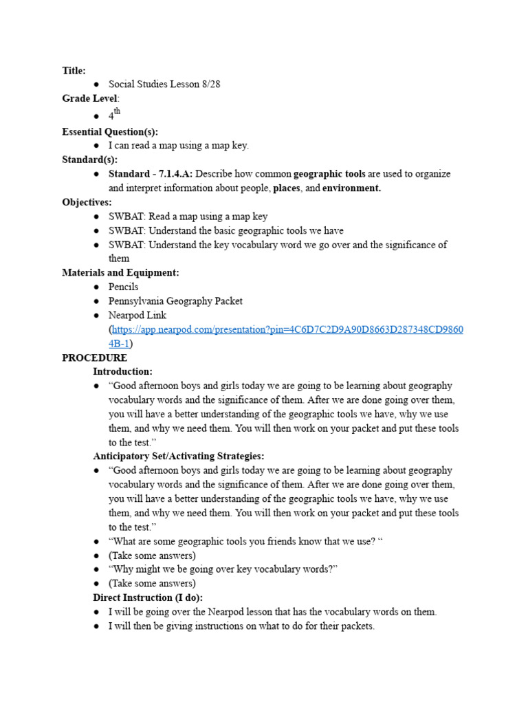 8 28 Social Studies Lesson Plan | PDF | Geography | Cognitive Science