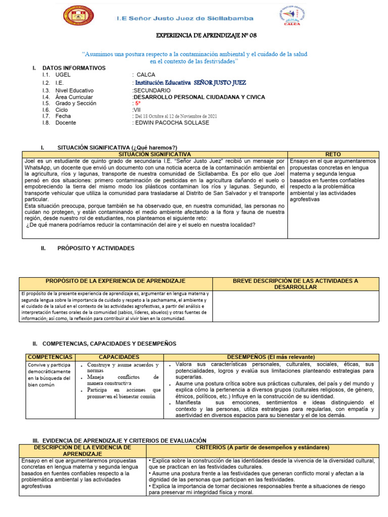 Experiencia de Aprendizaje #08 DPCC 5° | PDF | Evaluación | Aprendizaje