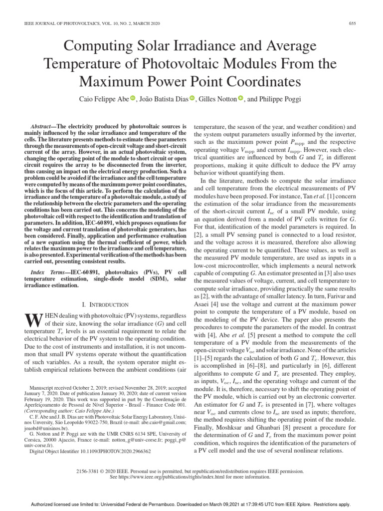 Artigo - Computing Solar Irradiance e Average Temperature From The Maximum Power Point ...