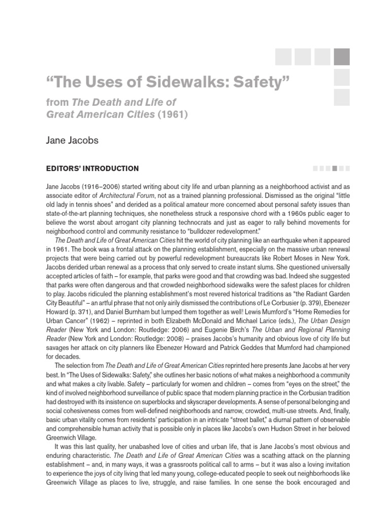 Jacobs, Jane. Â The Uses of Sidewalks - Safetyâ (1961) | PDF | Urbanization | Urban Planning