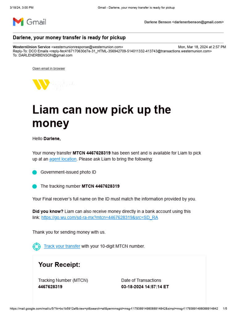 Gmail - Darlene, Your Money Transfer Is Ready For Pickup | PDF | Credit ...