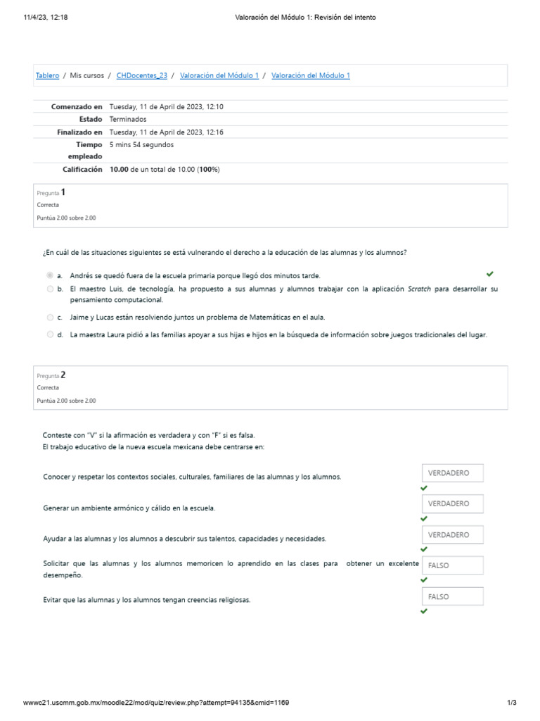 EXAMEN Valoración Del Módulo 1 - Revisión Del Intento | Descargar gratis PDF | Escuelas ...