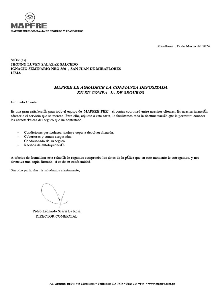 Póliza SCTR Mapfre Miraflores 2024 | PDF | Póliza de seguros | Seguro
