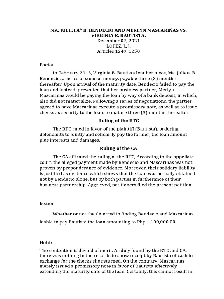 39 Bendecio V - Bautista GR242087 - Quindoy | PDF | Burden Of Proof (Law) | Loans