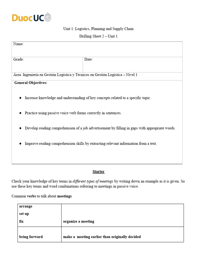 Worksheet 2 Unit 1 Logistics, Planning and Supply Chain (Optativo de ...