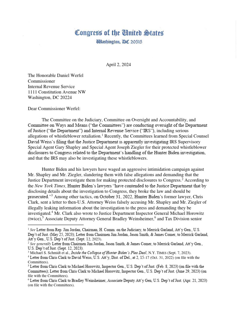 House GOP Letter To Commissioner of Internal Revenue Daniel Werfel ...