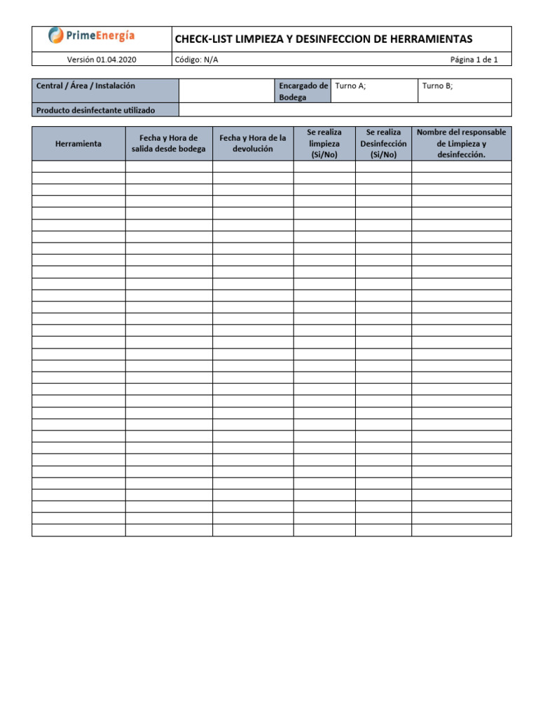 Check List de Limpieza y Desinfeccion de Herramientas Rev.0 (1) | PDF Check List de Limpieza y Desinfeccion de Herramientas Rev.0 (1) | PDF