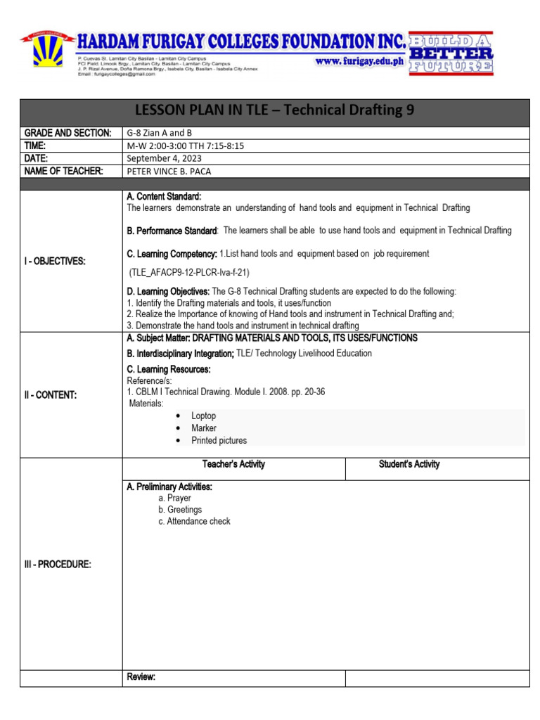 HFCI Lesson Plan TLE 8 Technical Drafting September 4, 2023 Official ...