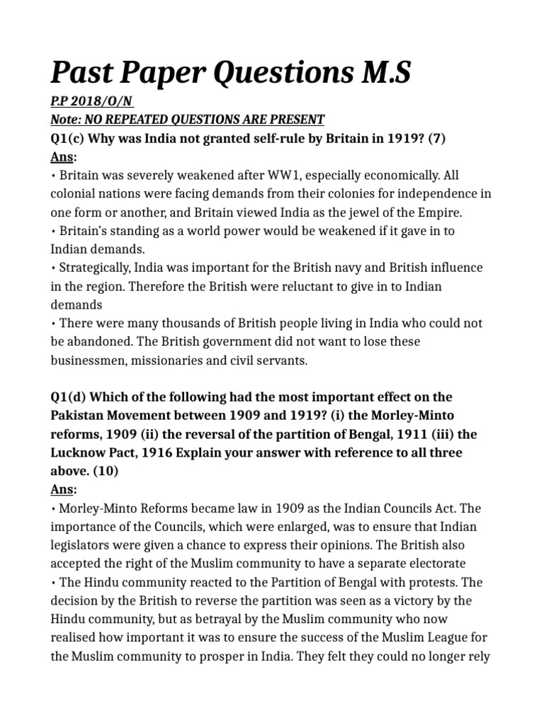 Mark Scheme Booklet (2018-2023) | PDF | British Raj | Partition Of India