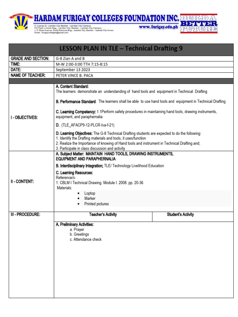 HFCI Lesson Plan TLE 8 Technical Drafting September 13, 2023 Official ...