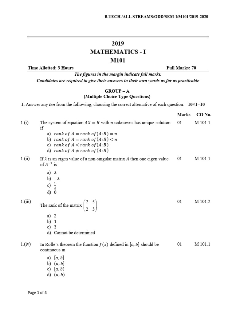 2019 Mathematics - I M101 | PDF | Functions And Mappings | Mathematical ...