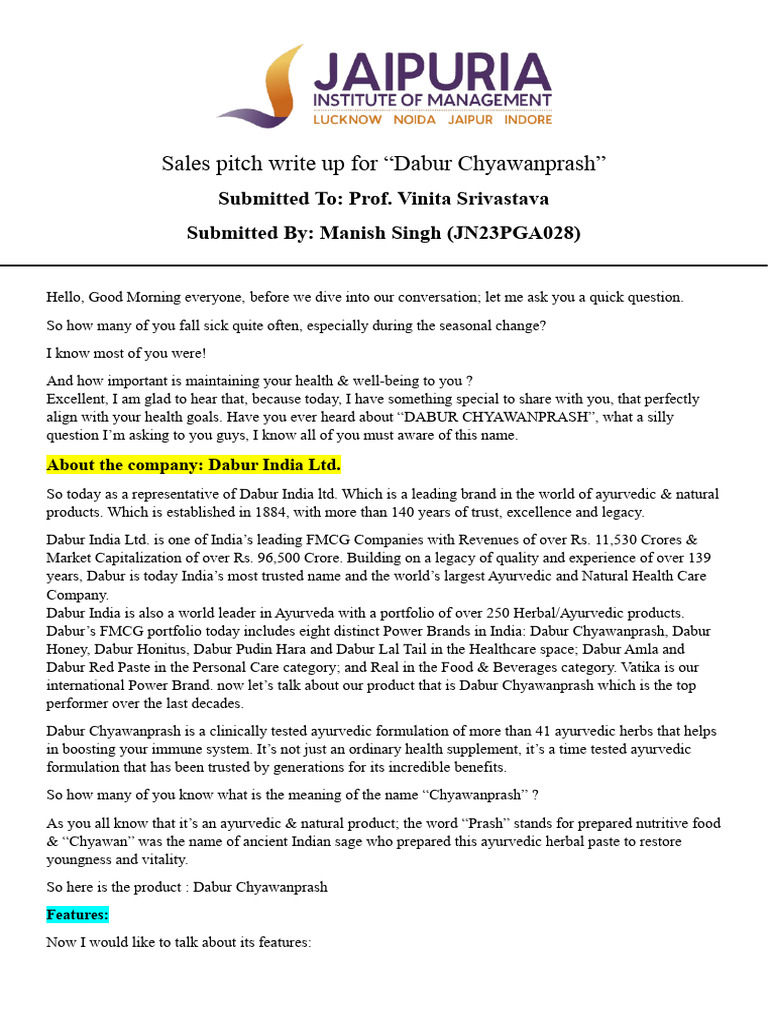 Sales Pitch Write Up | PDF | Ayurveda | Health Care