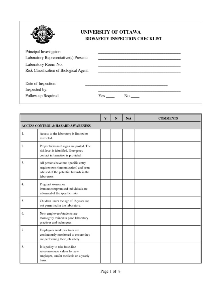 Biosafety Inspection Checklist - University of Ottawa | PDF | Laboratories