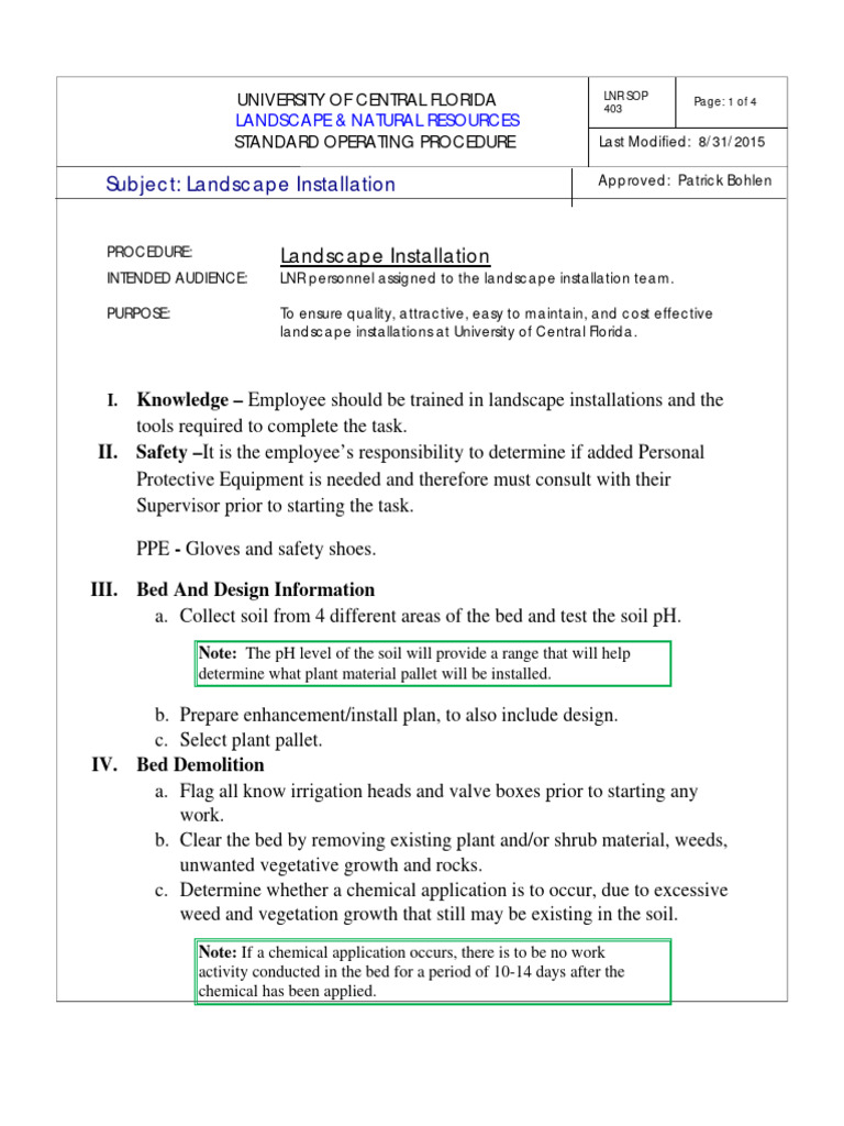 UCF Landscape Installation SOP Guide | PDF | Soil | Personal Protective ...