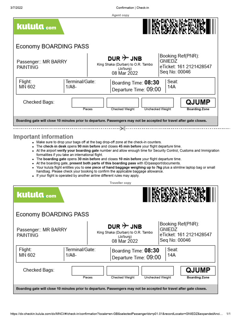 Economy Boarding Pass JNB: Qjump | PDF | Aviation