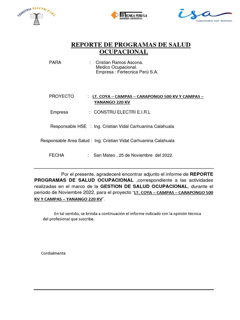 Informe de Programa de Salud Ocupacional Noviembre - Constru Electri | PDF | Protector solar ...