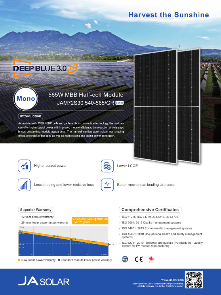 Ficha Tecnica Panel Solar JA - Pro JAM72S30 540-565 GR | PDF