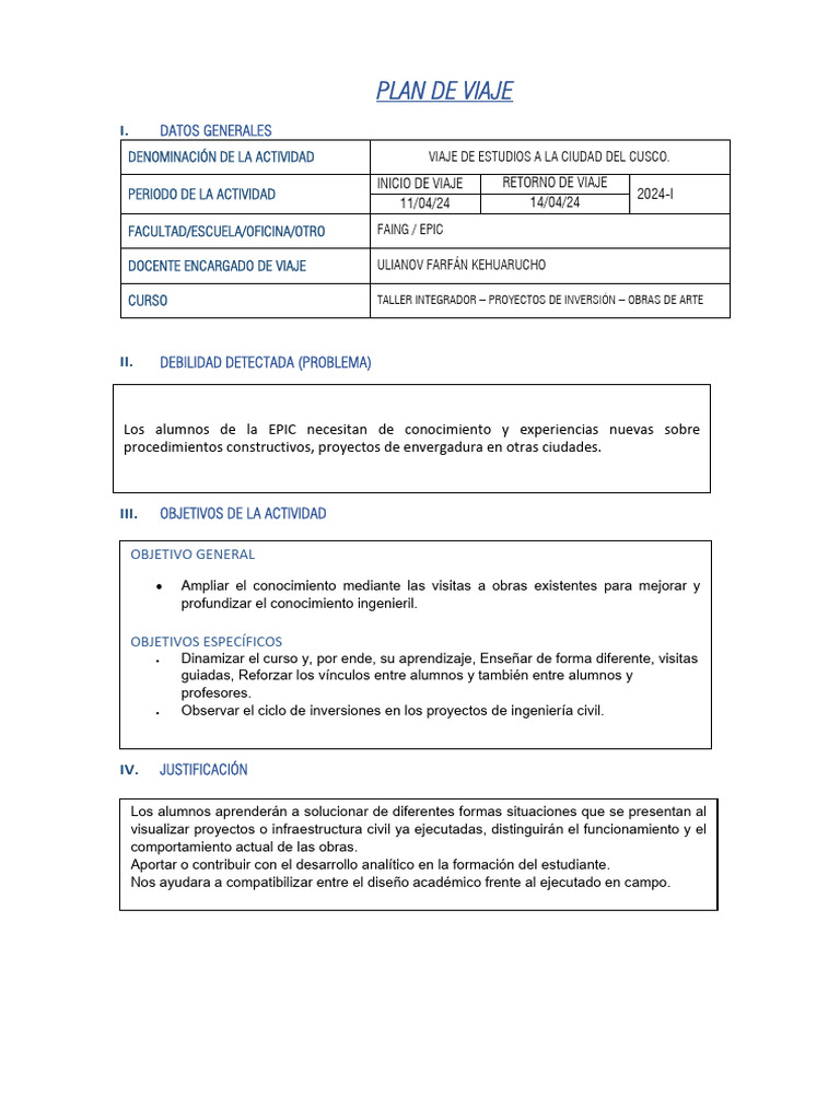 PLAN DE TRABAJO VIAJE A CUSCO 2024 I | PDF | Ingeniería