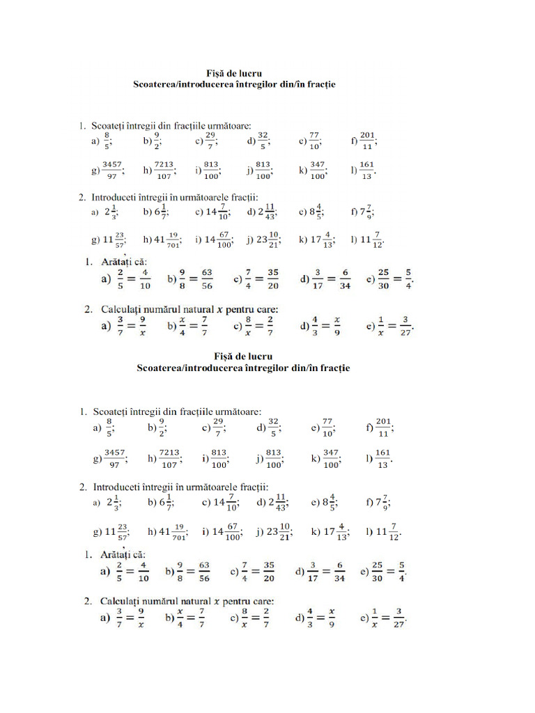 Fisa Clasa 5 Fractii Intregii | PDF