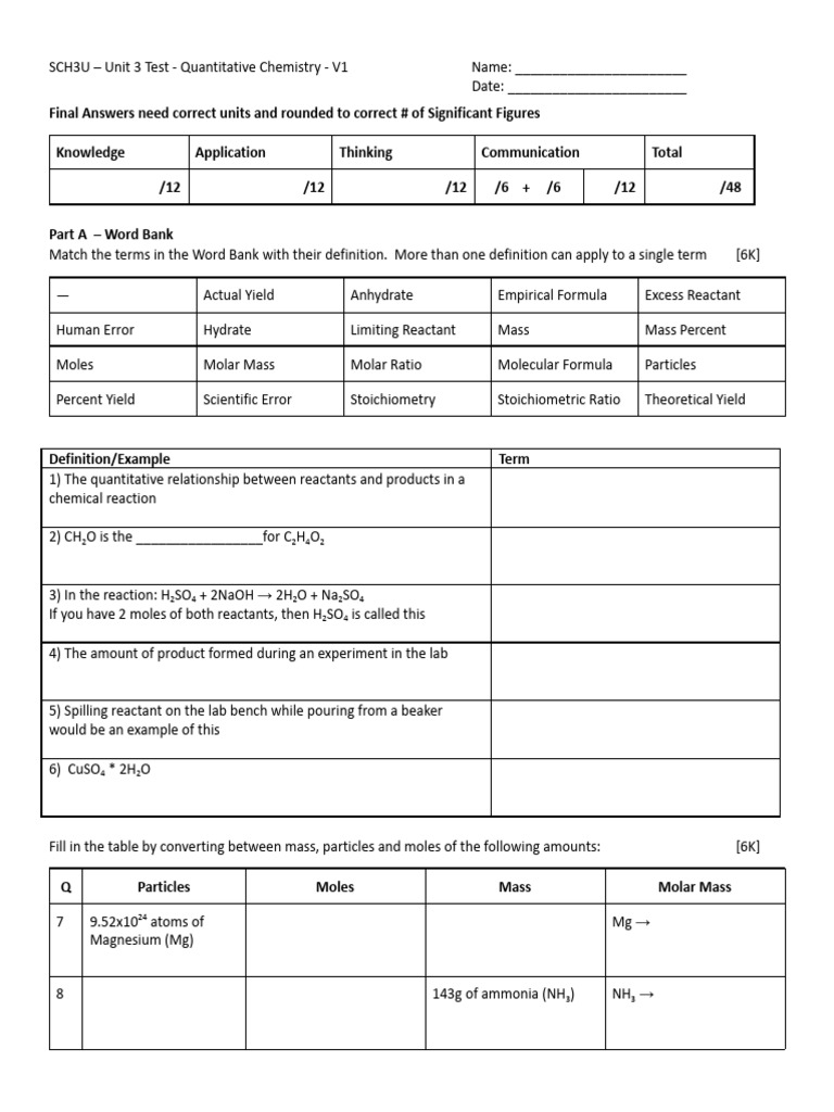 SCH3U Unit 3 Quantitative Chemistry Test | PDF | Stoichiometry | Mole ...