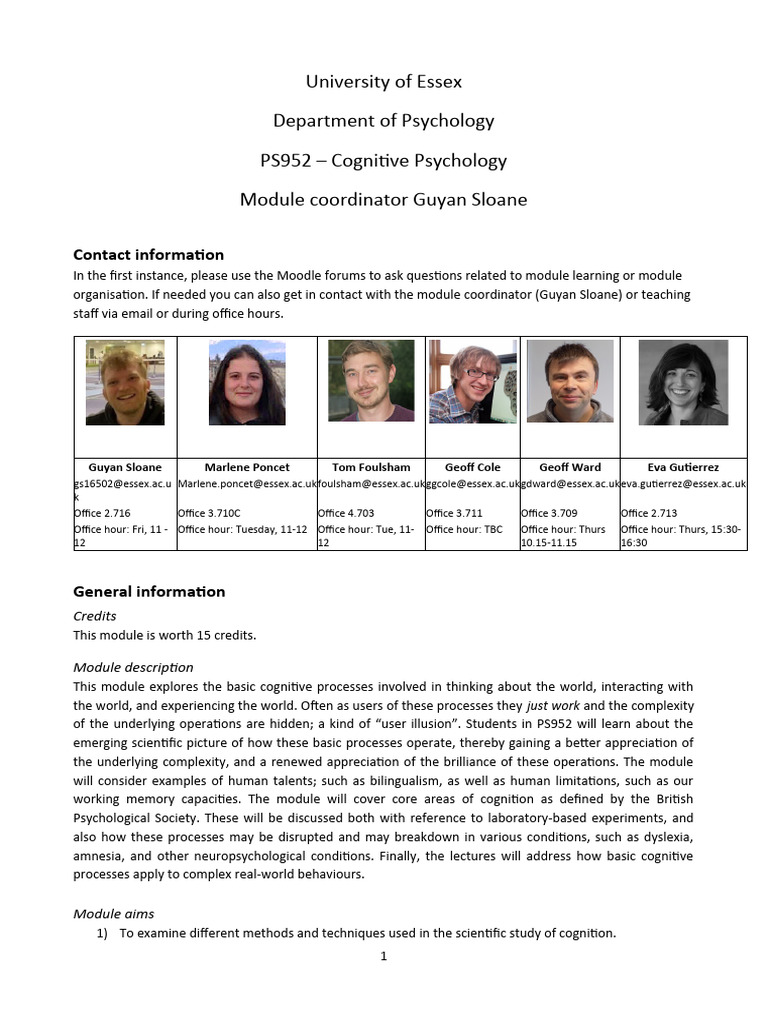 PS952 Outline 2024 | PDF | Memory | Cognition