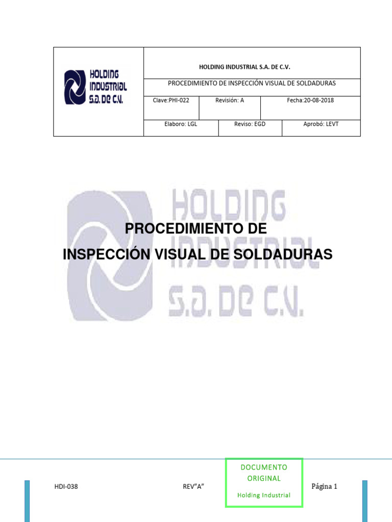 Procedimiento de Inspección Visual de Soldaduras | PDF | Soldadura | Construcción