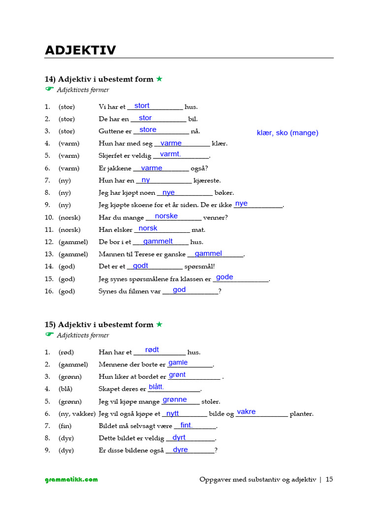 Adjektiv: 14) Adjektiv I Ubestemt Form | PDF