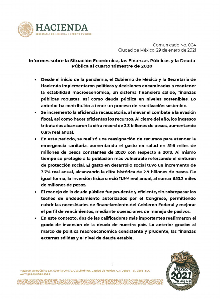 Informes Sobre La Situación Económica, Las Finanzas Públicas y La Deuda Pública Al Cuarto ...