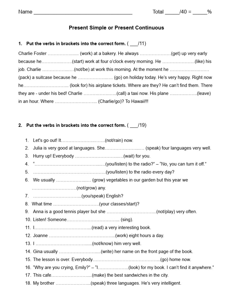 Present Simple vs. Continuous Worksheet | PDF | Language Mechanics ...
