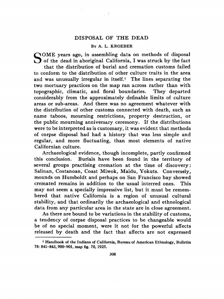 Kroeber,1927. Disposal of the death | PDF | Burial | Cremation
